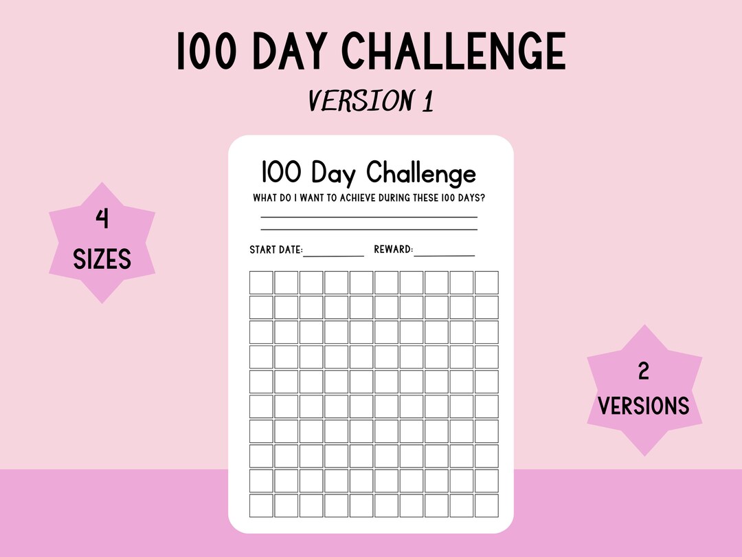 100 Day Challenge Template, Printable Tracker for Goals, Habit ...