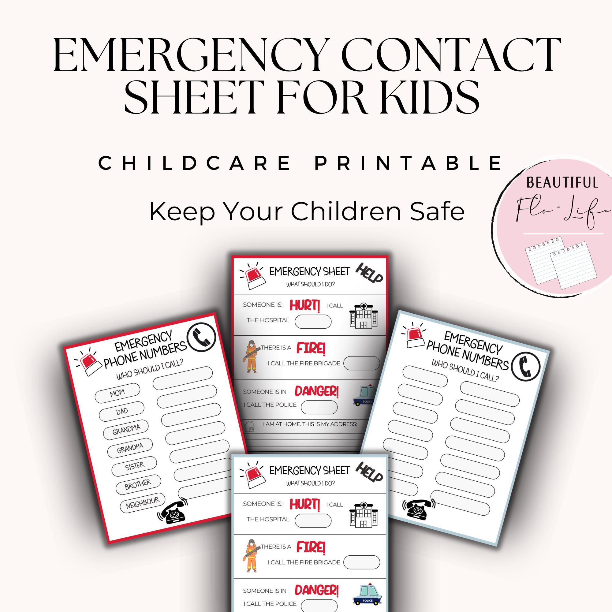 Emergency Binder Pages, Kids Safety Information Sheet, Printable Child ...