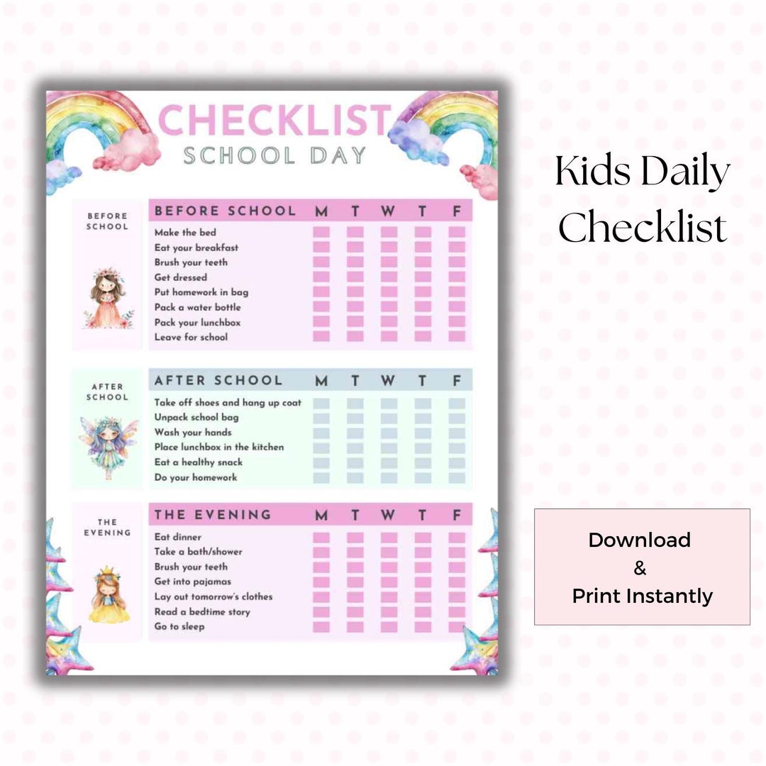 Schoolday Checklist, Printable Daily Kids Journal, Routine Chart ...