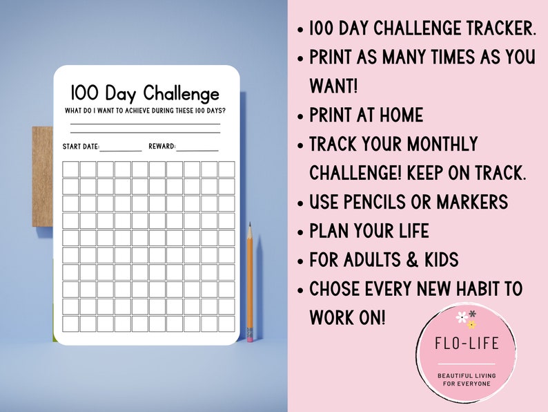 100 Day Challenge Template, Printable Tracker for Goals, Habit ...