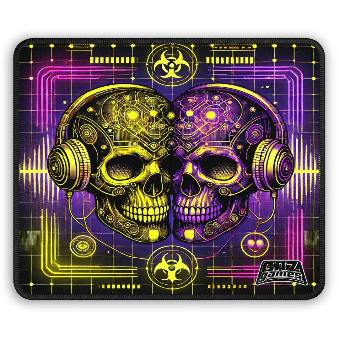 Gaming Mousepad Neon Cyber Skull Duo With Futuristic Headphones Bold ...