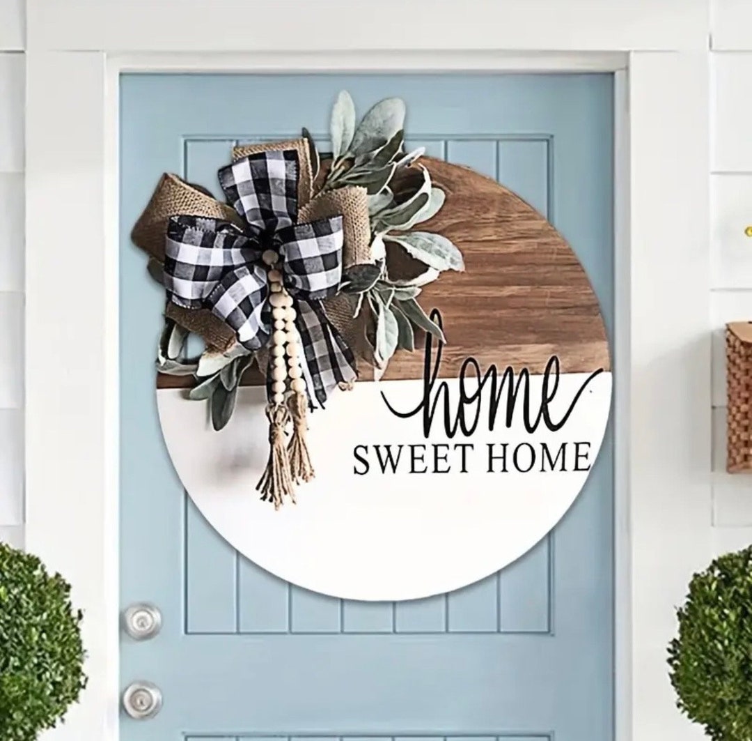 Home Sweet Home Wreath With Bow and Beads / Sign Wooden - Etsy