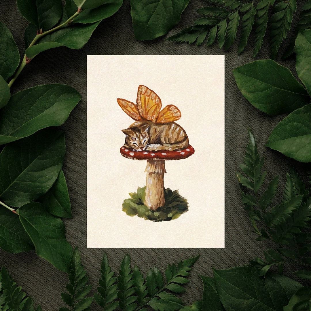 Cute Goblincore Art Print 5x7 Cat and Mushroom Art Dorm Room Decor Cute ...