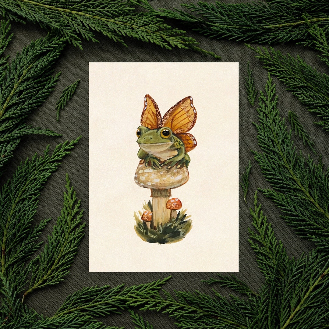 Fairy Frog Art Print 5x7 Green Frog With Butterfly Wings Sitting on a ...