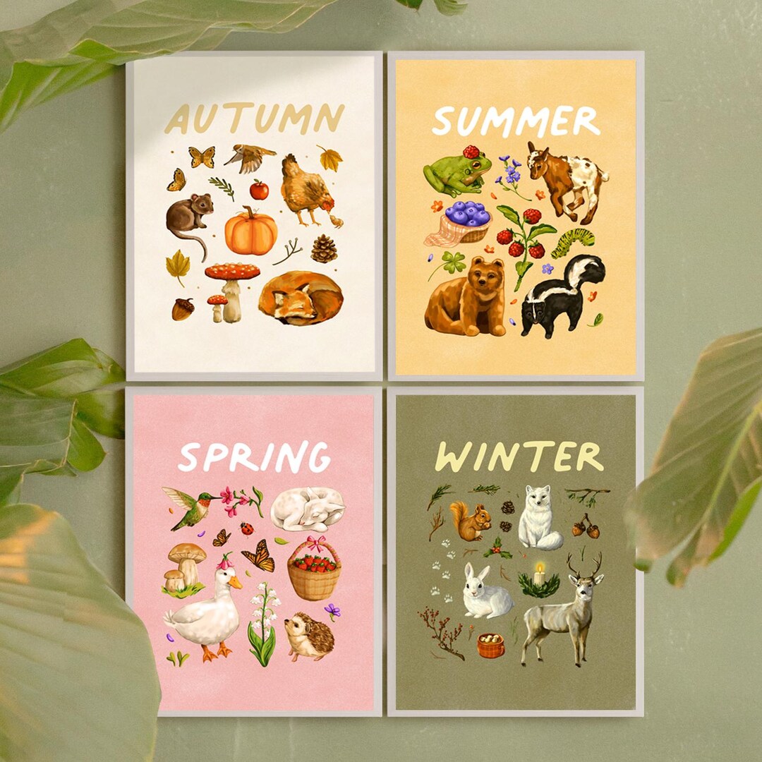 Seasonal Art Print Set - 8x10 - 4 Seasons Illustrations - Cottagecore ...