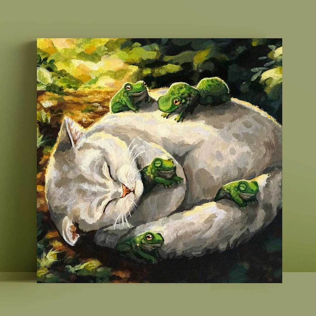 Cat and Frogs Art Print - 8x8 - Square Art Print - Cottagecore Room ...