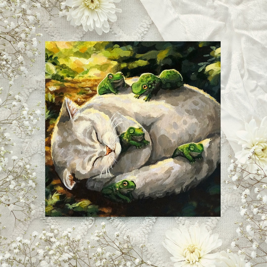 Cat and Frogs Art Print 8x8 Square Art Print Cottagecore Room Decor ...