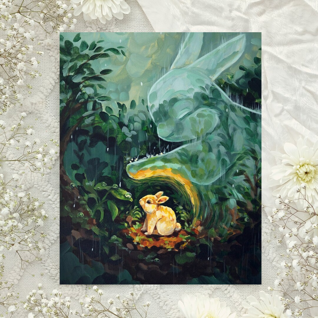 BUNNY ART PRINT 8x10'' Whimsical Painting Rabbit in a Magical Forest ...