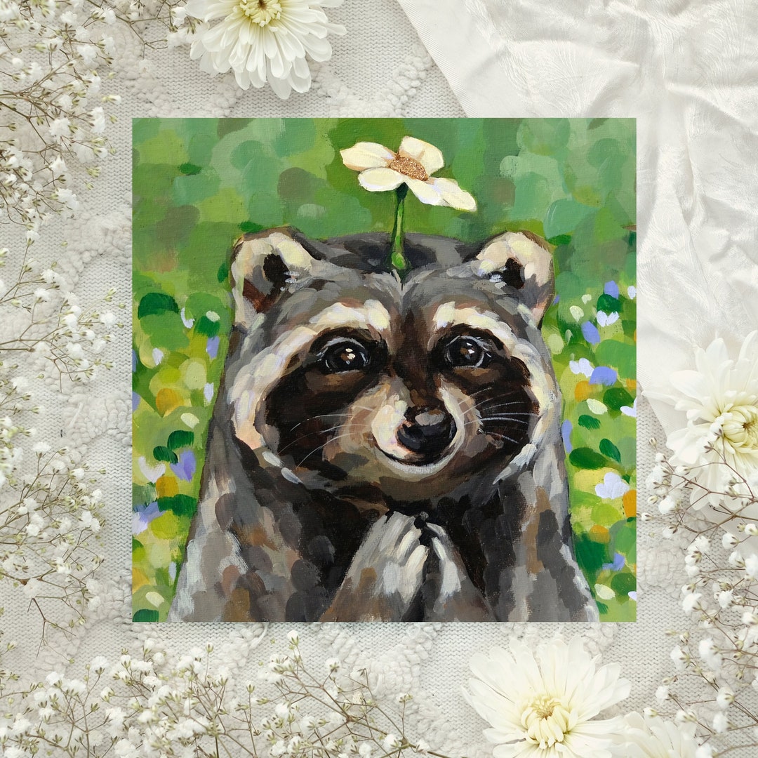 RACCOON ART PRINT Square Print Raccon With White Flower on the Head ...