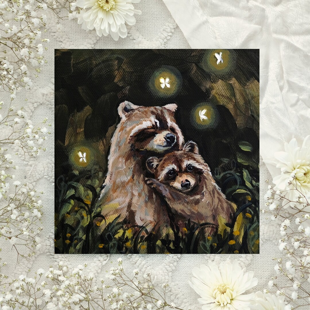 RACCOON ART PRINT Square Print Raccoon Family at Night With Magical ...