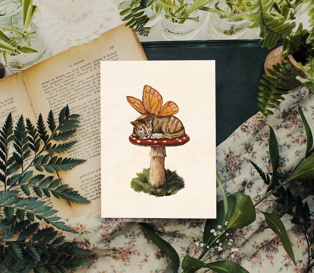 Cute Goblincore Art Print 5x7 Cat and Mushroom Art Dorm - Etsy Canada