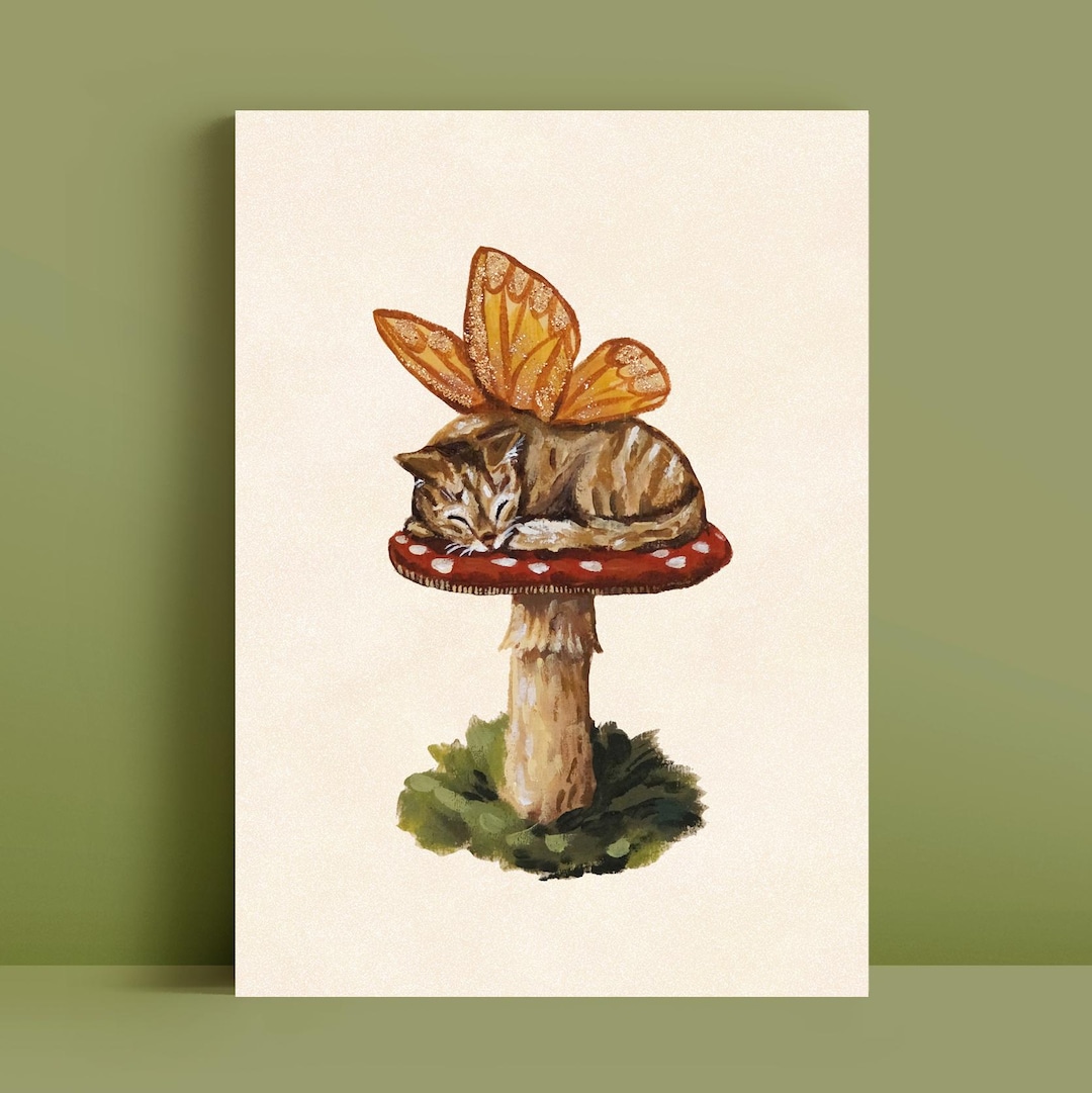 Cute Goblincore Art Print - 5x7 - Cat and Mushroom Art - Dorm Room ...
