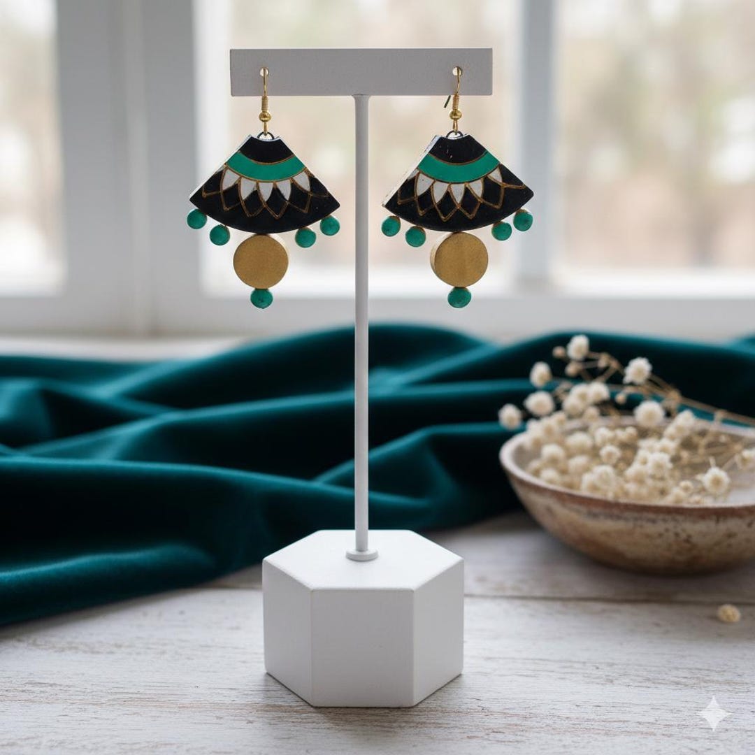 Teal Zenith Fan Earrings | Hand-painted Black & Gold Geometric Dangles ...