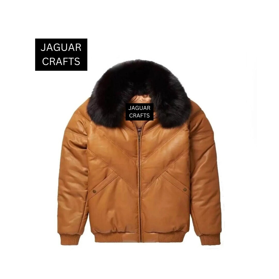 Genuine Rabbit Fur Puffer Bubble Style Jacket V Bomber Brown Color ...