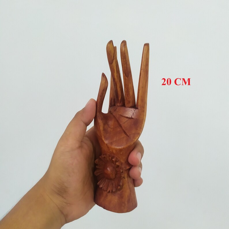 Wooden Hand Sculpture With Flower Decoration , Wooden Hand Jewelry ...