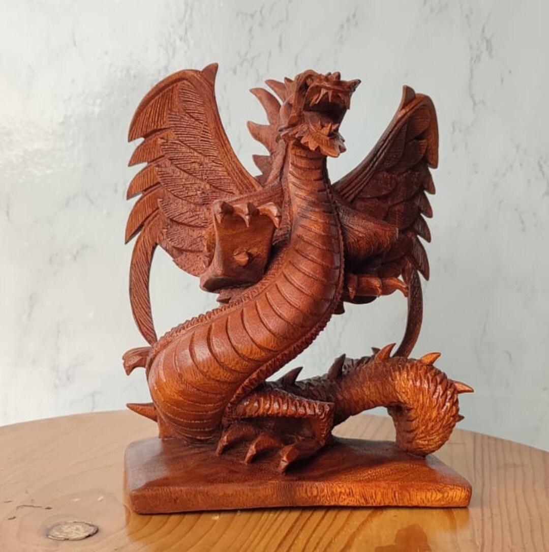 The Winged Dragon Statue is Made of Natural Wood. Dragon Statue. Wood ...