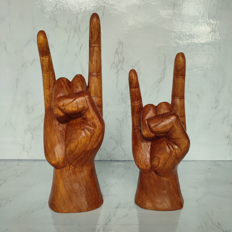 Rock and Roll Hand Sign Language, Sign of the Horns, Hand Carved ...
