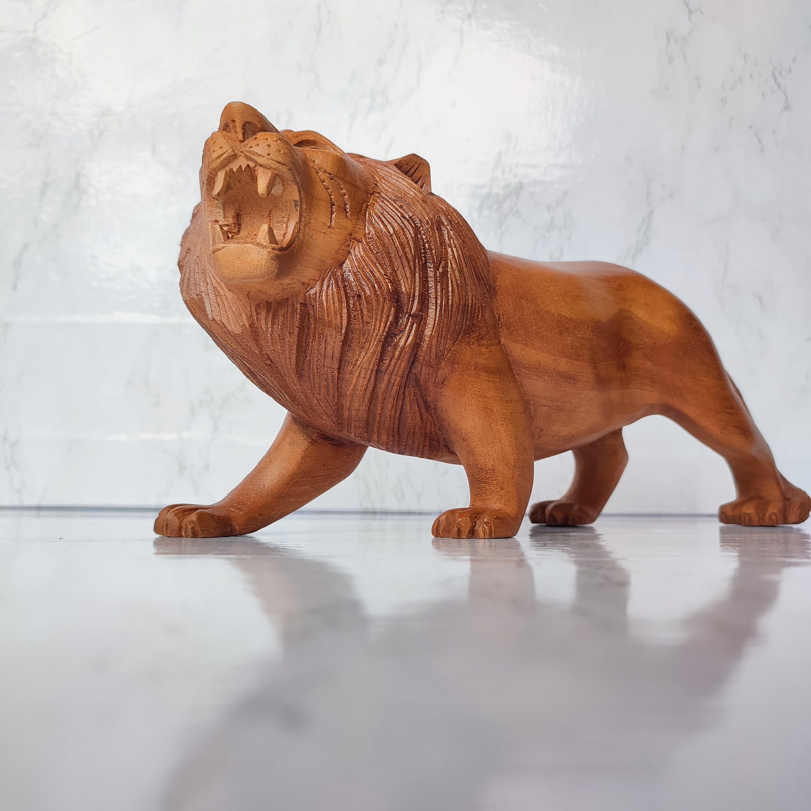 Hand Carved Lion Statue From Natural Wood 30 Cm - Etsy