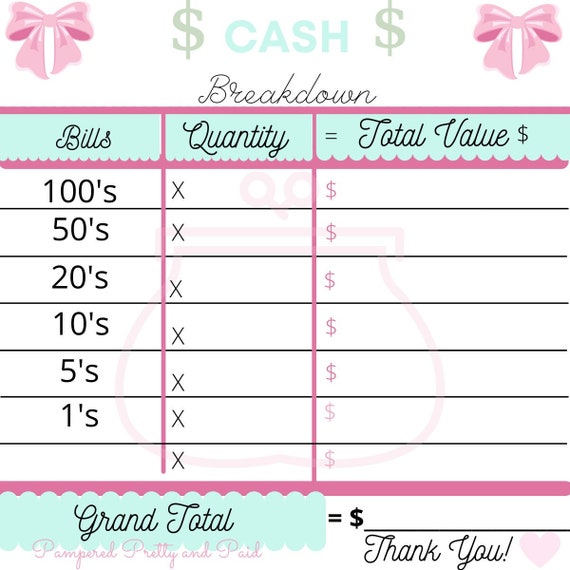 Cash Breakdown Teller Card Printable Download | Etsy