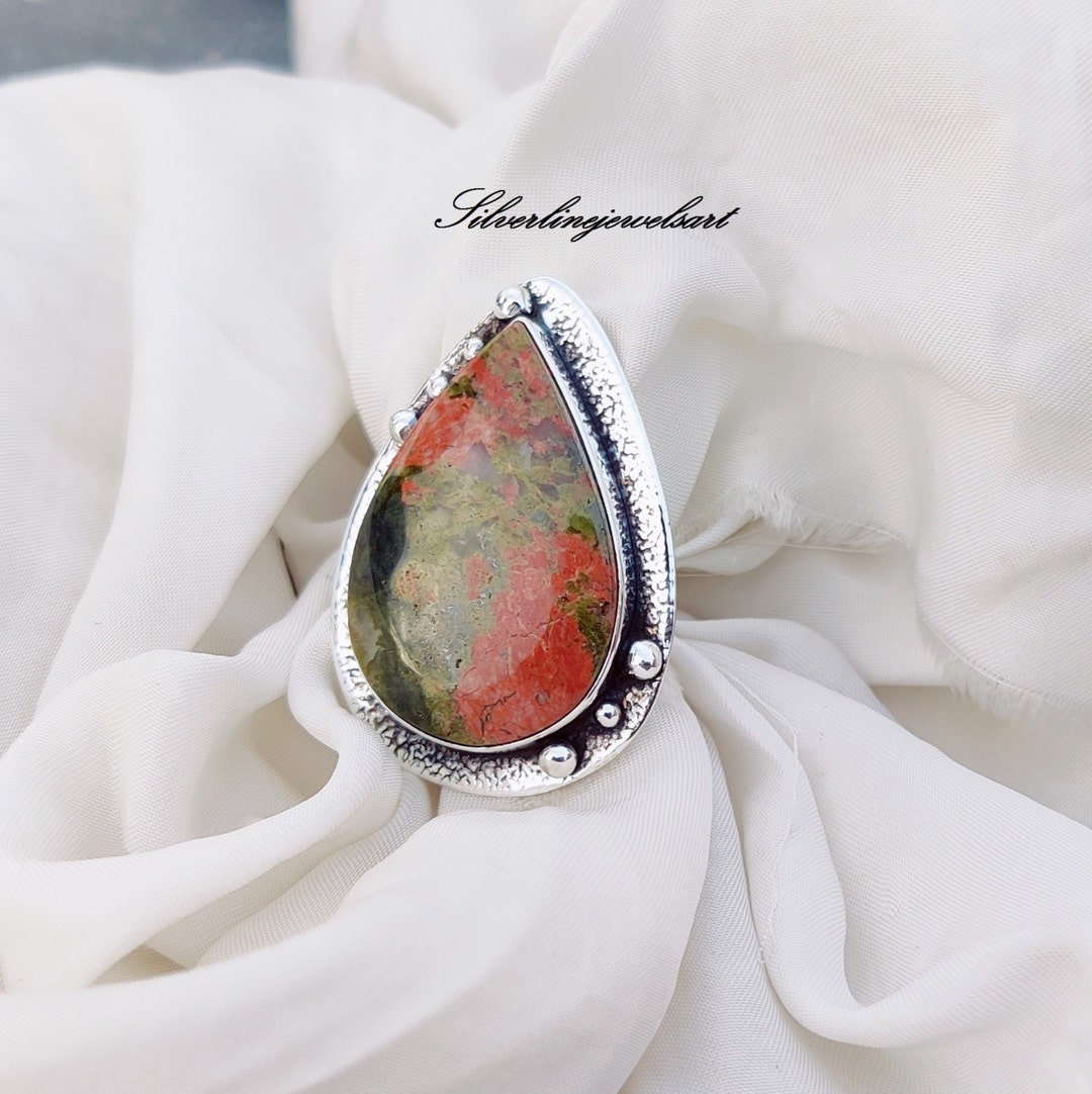 Big Unakite Ring, 925 Sterling Silver, Band Ring, Handmade Ring, Pear ...