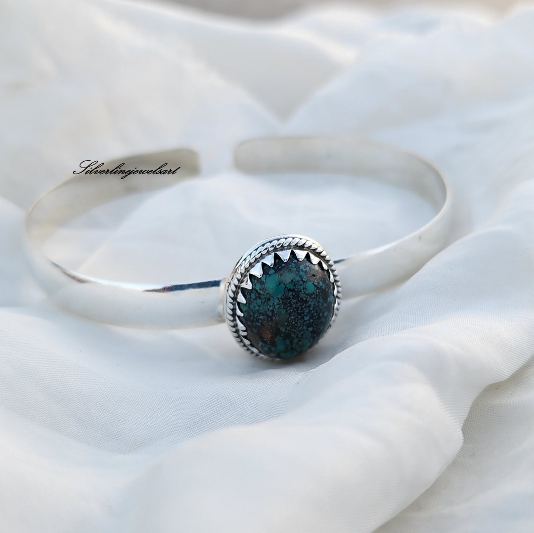 Pulseira de turquesa tibetana, pulseira feita à mão, prata esterlina ...