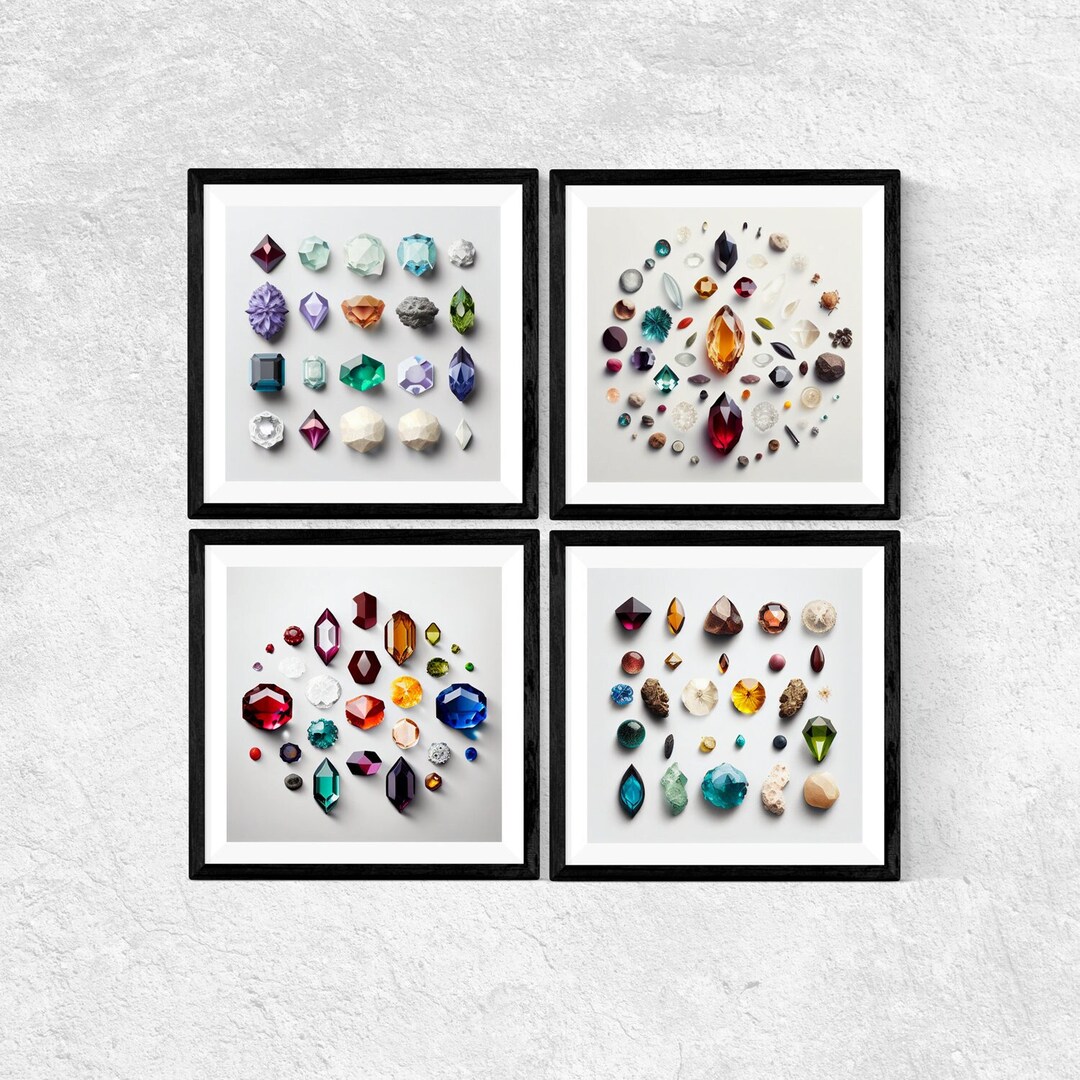 Exquisite Gemstone Poster Set 4 Realistic Crystal Prints, Elegant ...