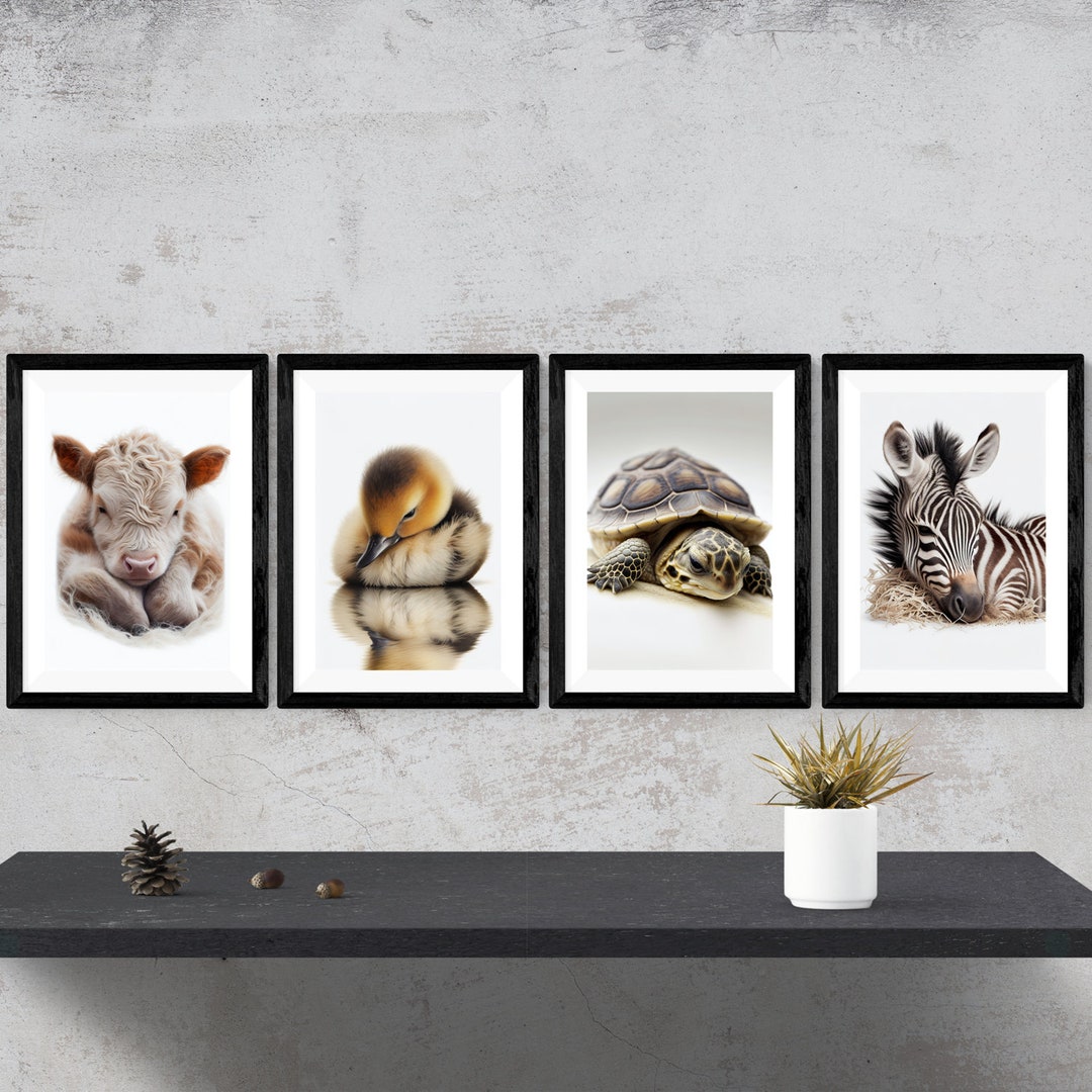 Charming Baby Animal Poster Set 4 Adorable Cow, Duck, Turtle, Zebra ...