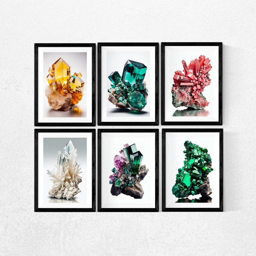 Set of 6 Gemstone Prints Realistic Citrine, Emerald, Rhodochrosite ...