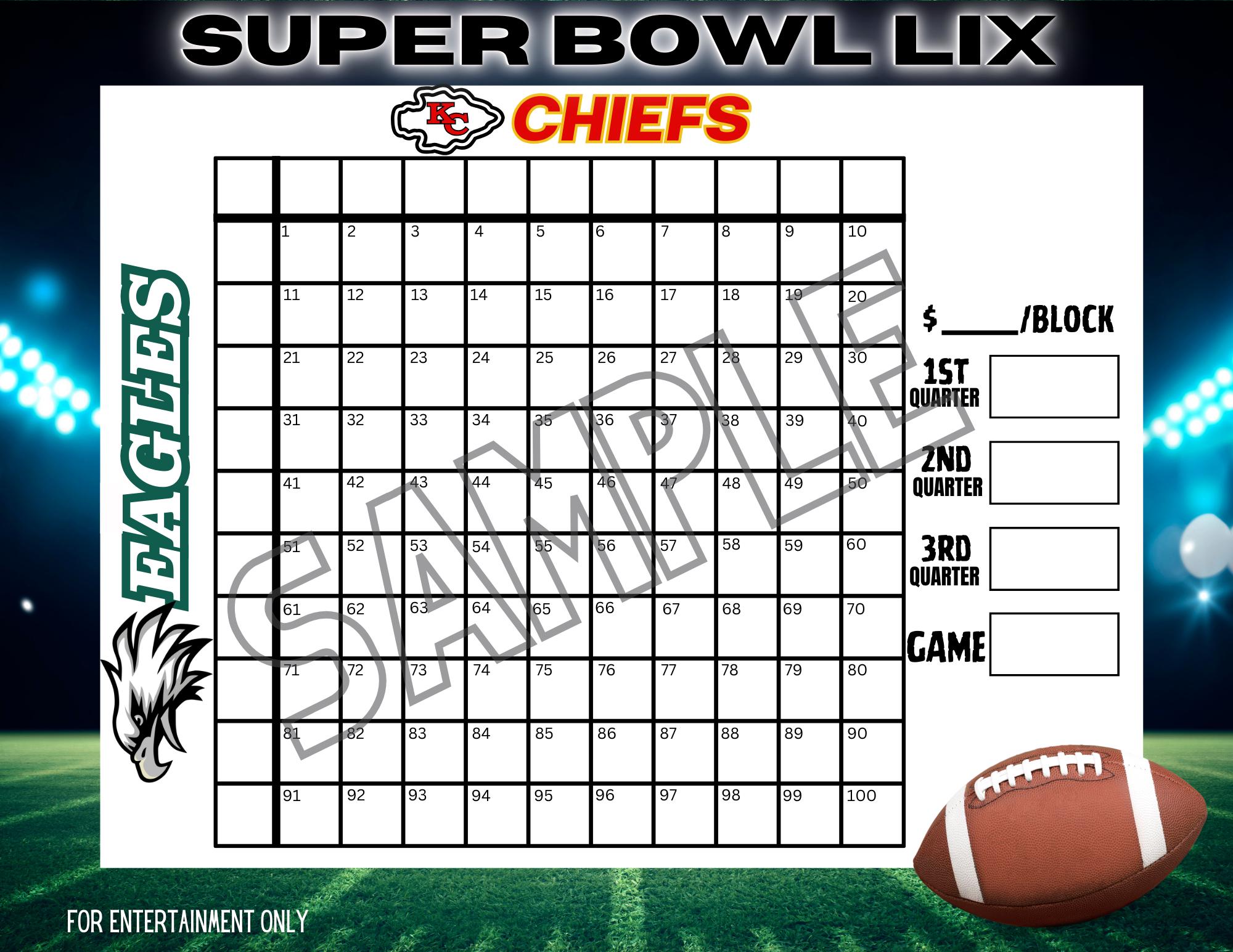 SUPER BOWL LIX Squares/block Pool 100 - Etsy