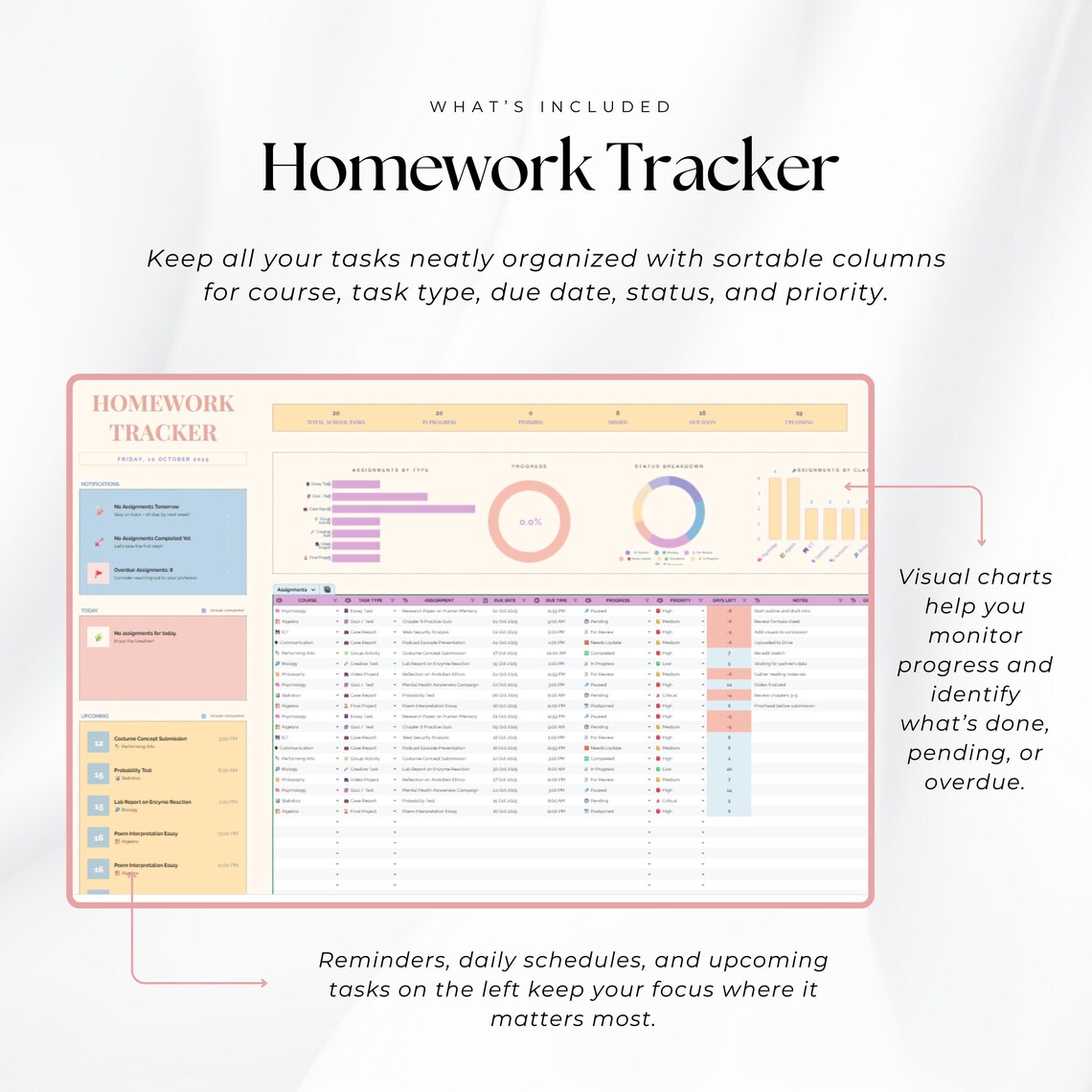 Digital Assignment Tracker Spreadsheet – Student Planner & School ...