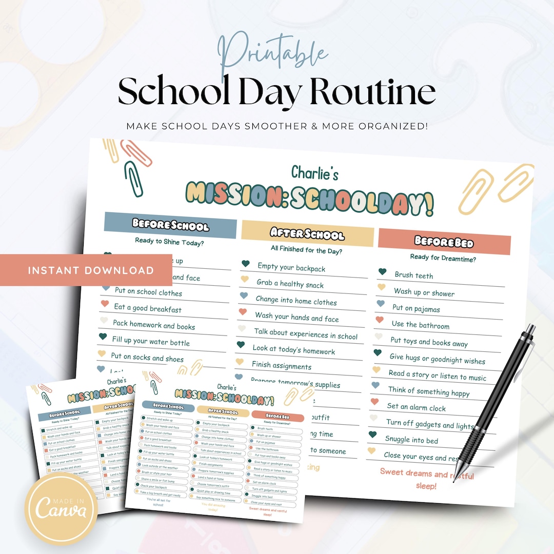 Editable School Day Checklist for Kids | Printable Routine Chart | Kids ...