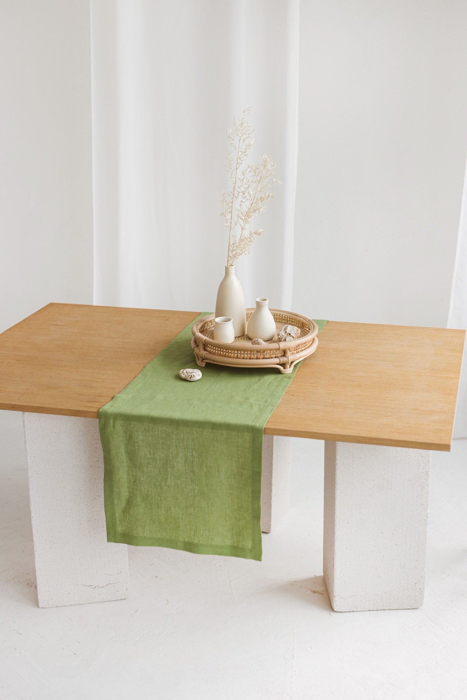 Linen Table Runner With Mitered Corners FOREST GREEN Stonewashed Pure ...