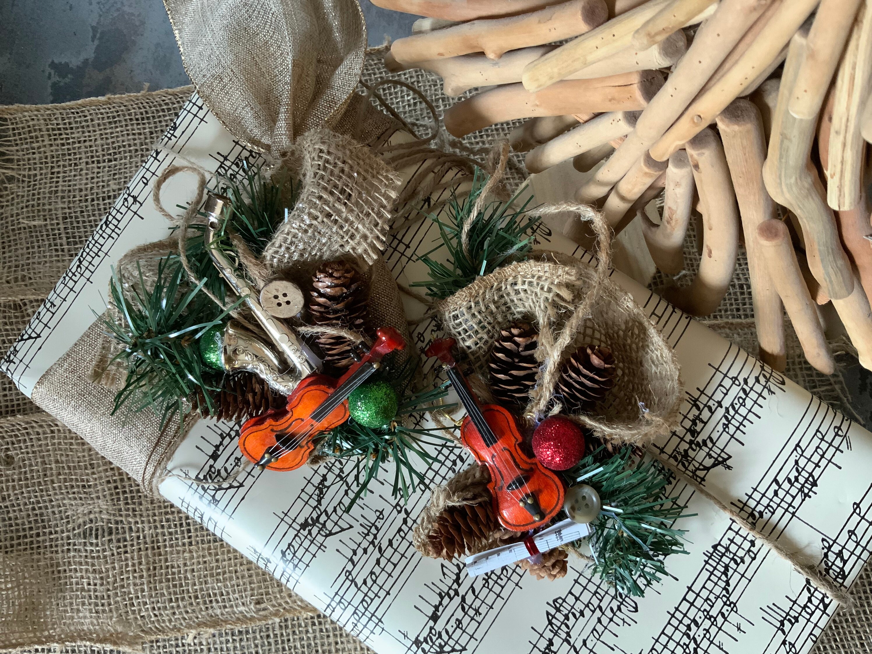 Music Instrument Ornaments Set of 2 Rustic Christmas 6.5 - Etsy