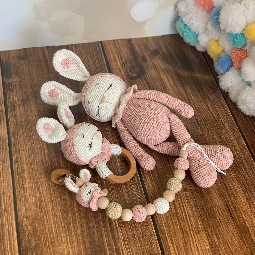 Crochet Sleeping Zoe Rattle and Pacifier Holder Set, Custom Baby ...