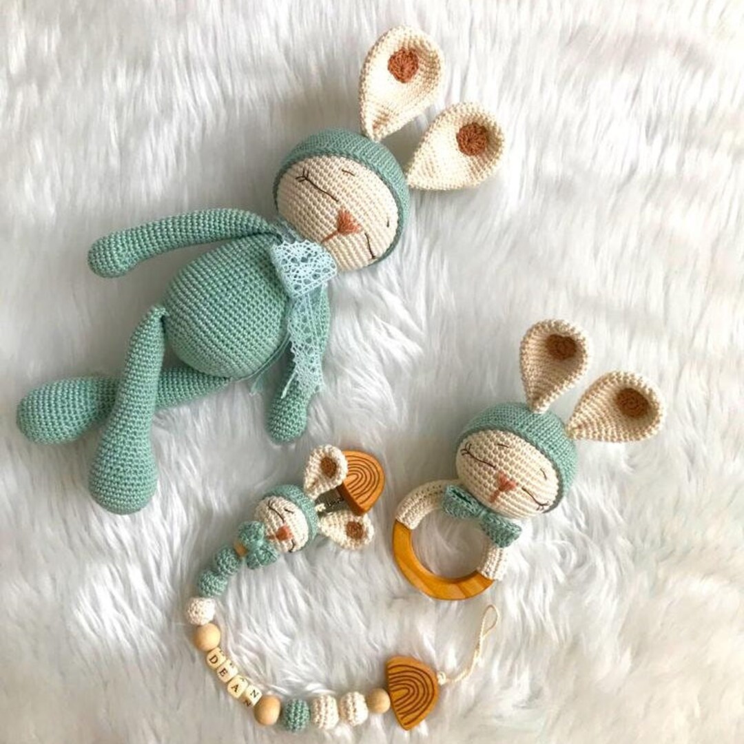 Crochet Sleeping Zoe Rattle and Pacifier Holder Set, Custom Baby ...