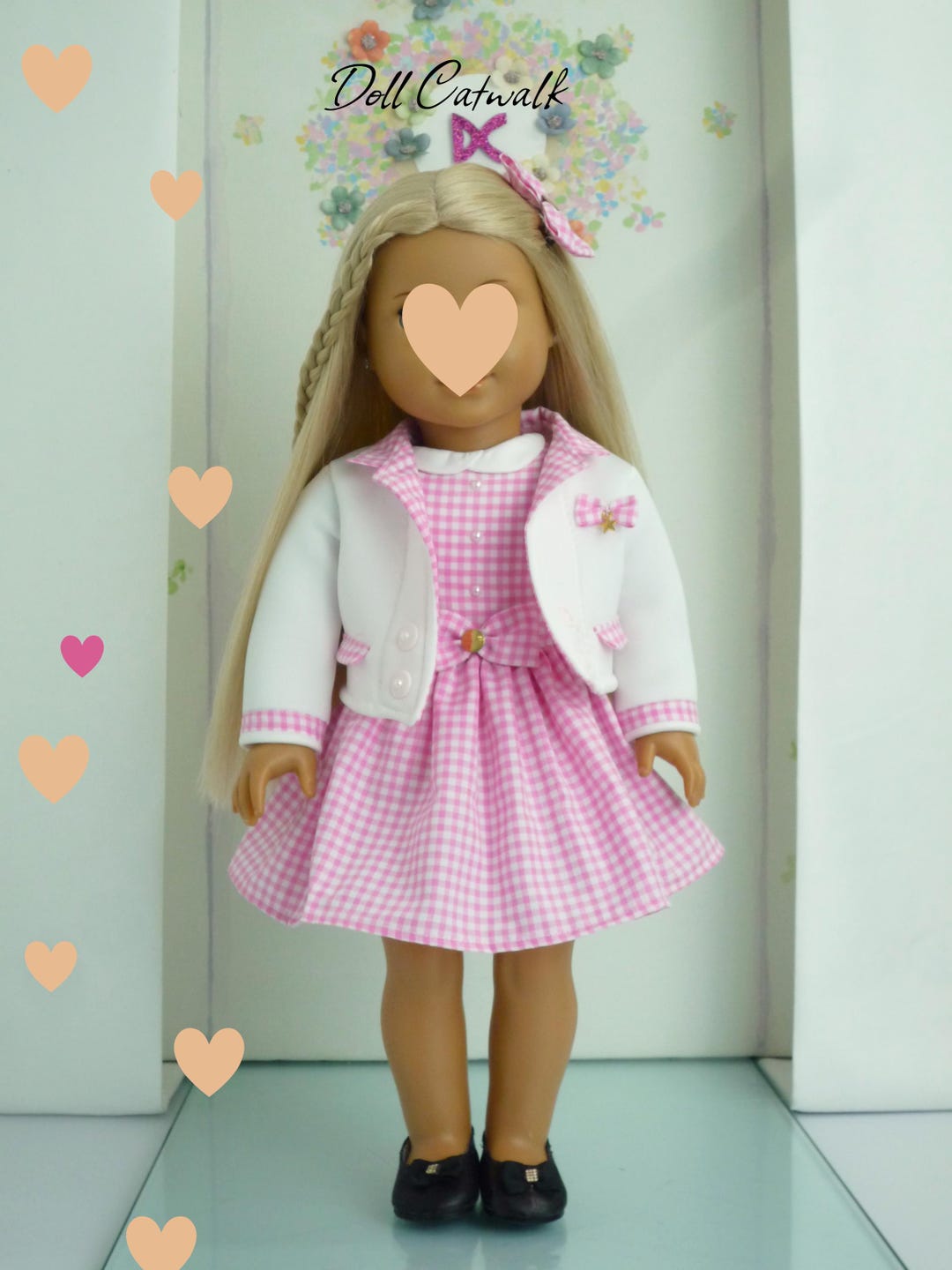 DOLL SCHOOL UNIFORM : Pink Gingham Dress, White Blazer, Hair Bow ...