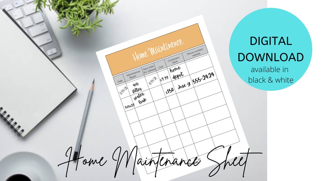 Home Maintenance Track Sheet. Digital Download, Printable, Home Upkeep ...