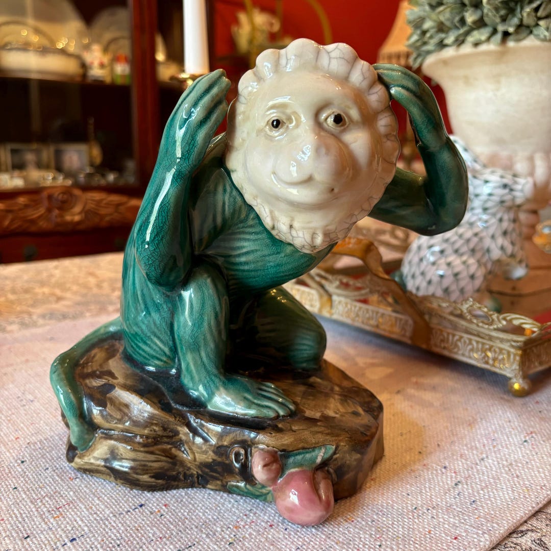 Vintage Majolica Style Hear No Evil Ceramic Capuchin Monkey Figurine ...