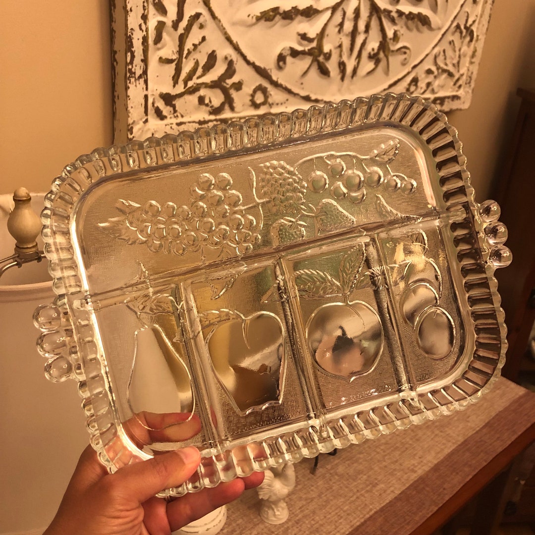 Vintage Indiana Glass Clear Divided Embossed Relish Serving Dish Plate ...