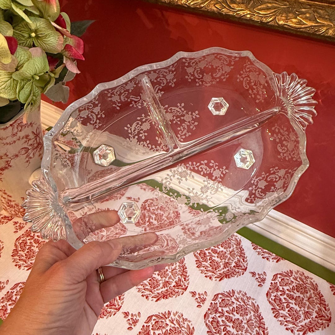 Vintage Fostoria Navarre Floral Pattern Etched 3 Section Divided Relish ...