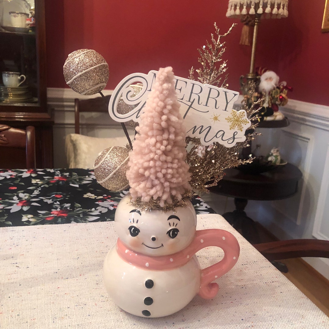 Christmas Holiday Pink Snowman Ceramic Mug Arrangement With Vintage ...