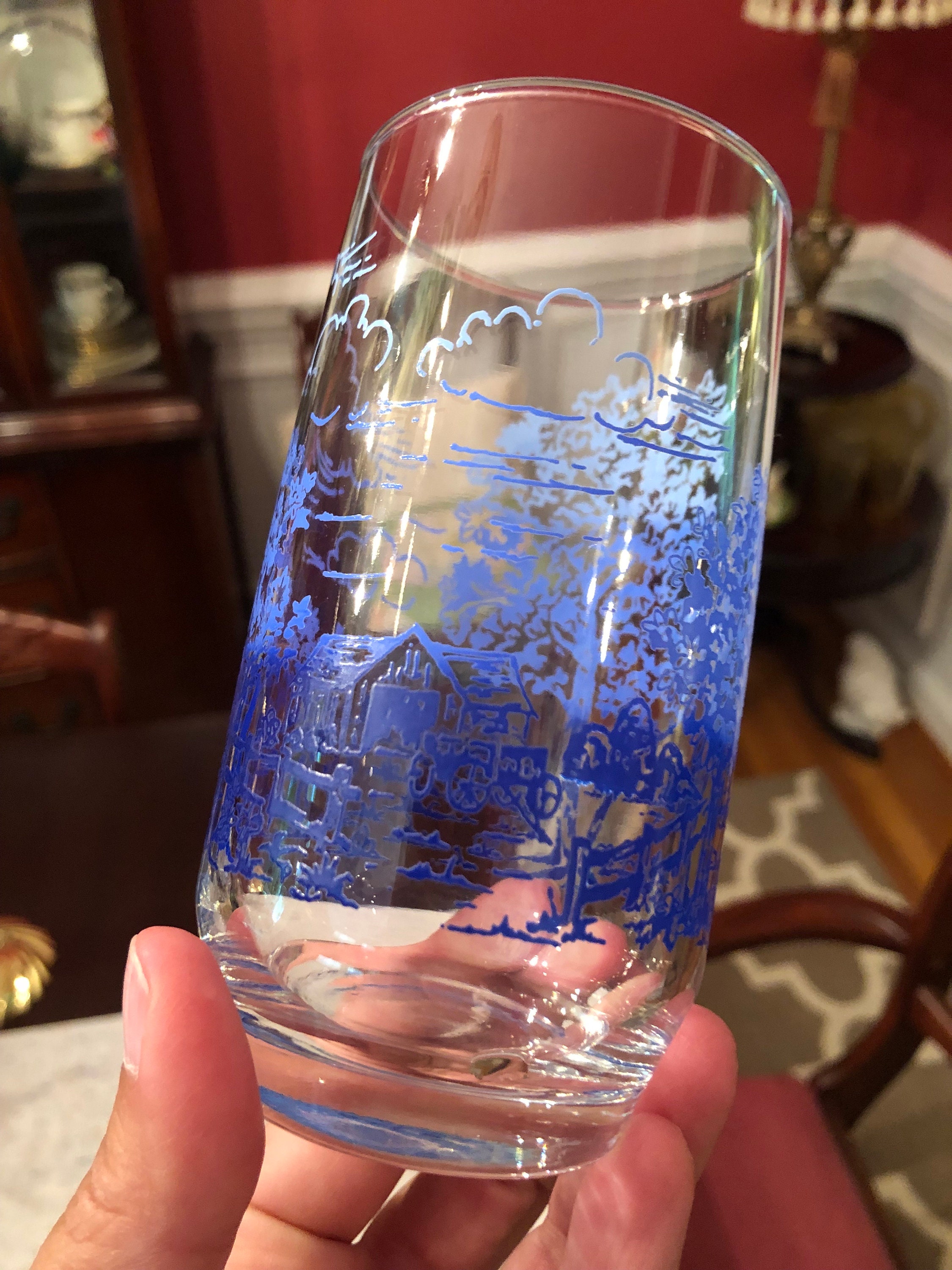 Vintage Anchor Hocking Hombre Blue Drinking Juice Water Tumbler Glass Trees Farm Life Toile ...