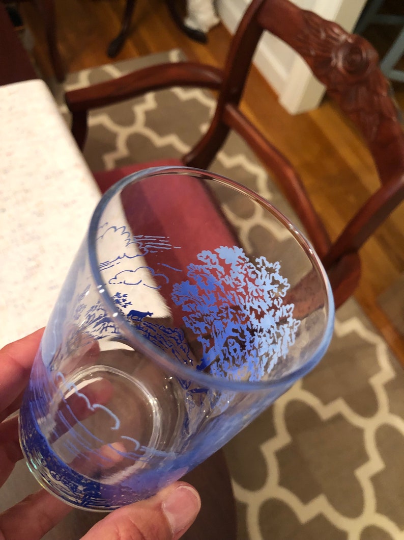 Vintage Anchor Hocking Hombre Blue Drinking Juice Water Tumbler Glass Trees Farm Life Toile ...