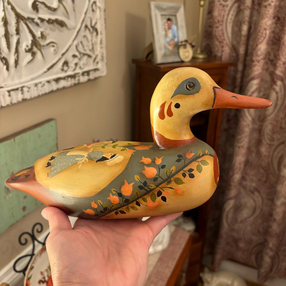 Vintage Folk Art Wooden Duck Handpainted Wood Decoy Glass Eyes Hunting ...