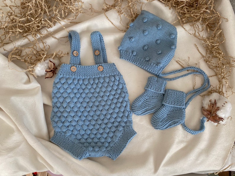 Organic Cotton Knit Blue Baby Romper, Socks and Bonnet, Baby Blue ...