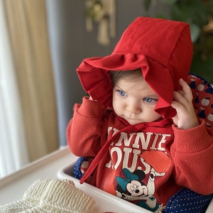 Christmas Red Baby Bonnet, Ruffled Cotton Baby Bonnet, Baby Hat, Cotton ...