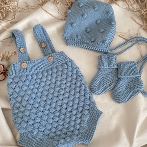 Organic Cotton Knit Blue Baby Romper, Socks and Bonnet, Baby Blue ...