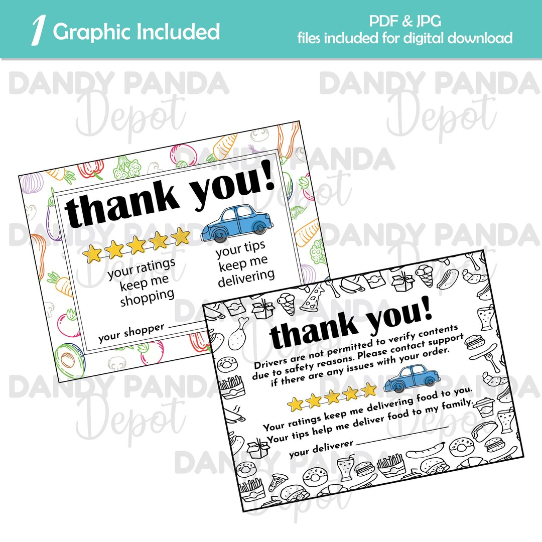 Food and Grocery Delivery Driver Thank You Cards PDF JPG Digital File ...