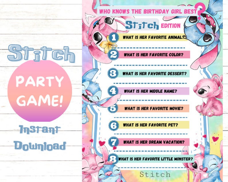 Stitch Party Game Who Knows The Birthday Girl Best Birthday Etsy New