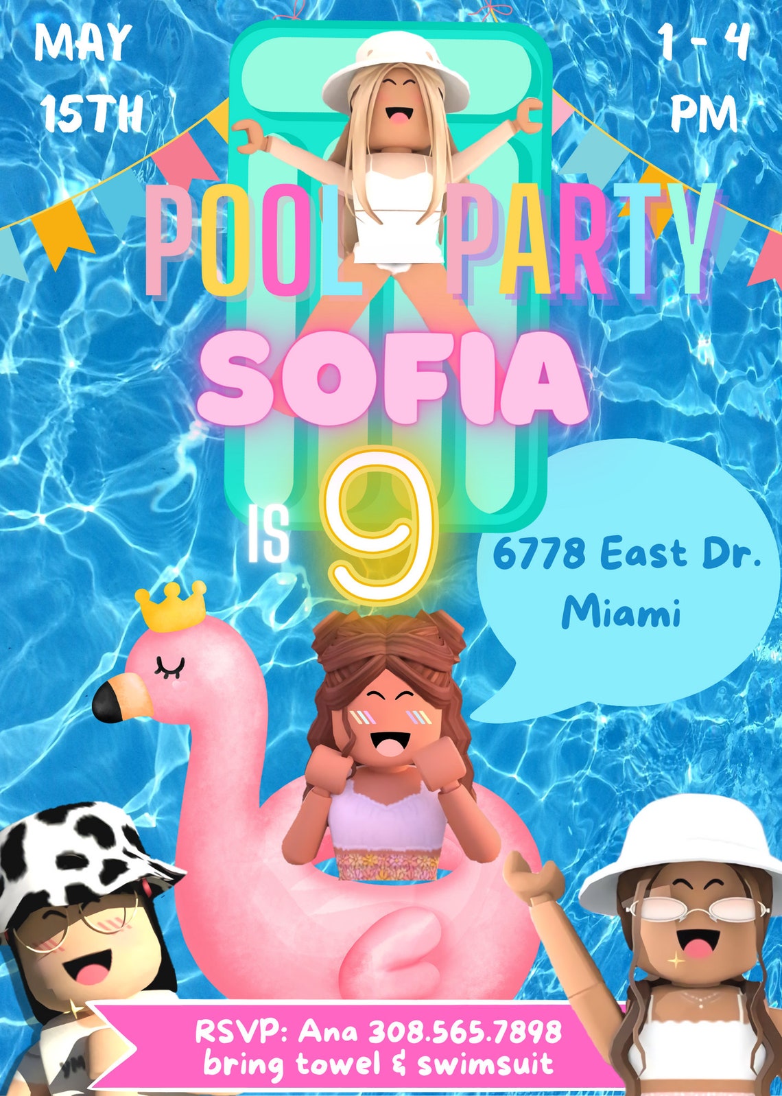 Roblox Girls POOL PARTY Invitation Roblox Girls Pool Birthday | Etsy